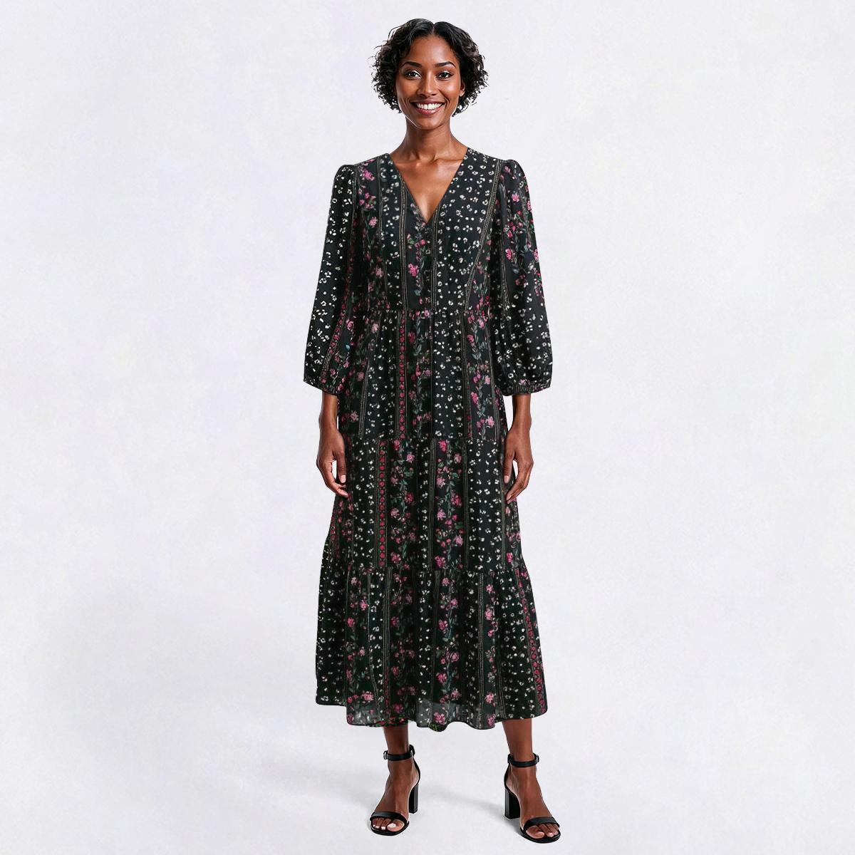 Womens Chelsea Taylor 3/4 Sleeve Floral V-Neck Tier Midi Dress